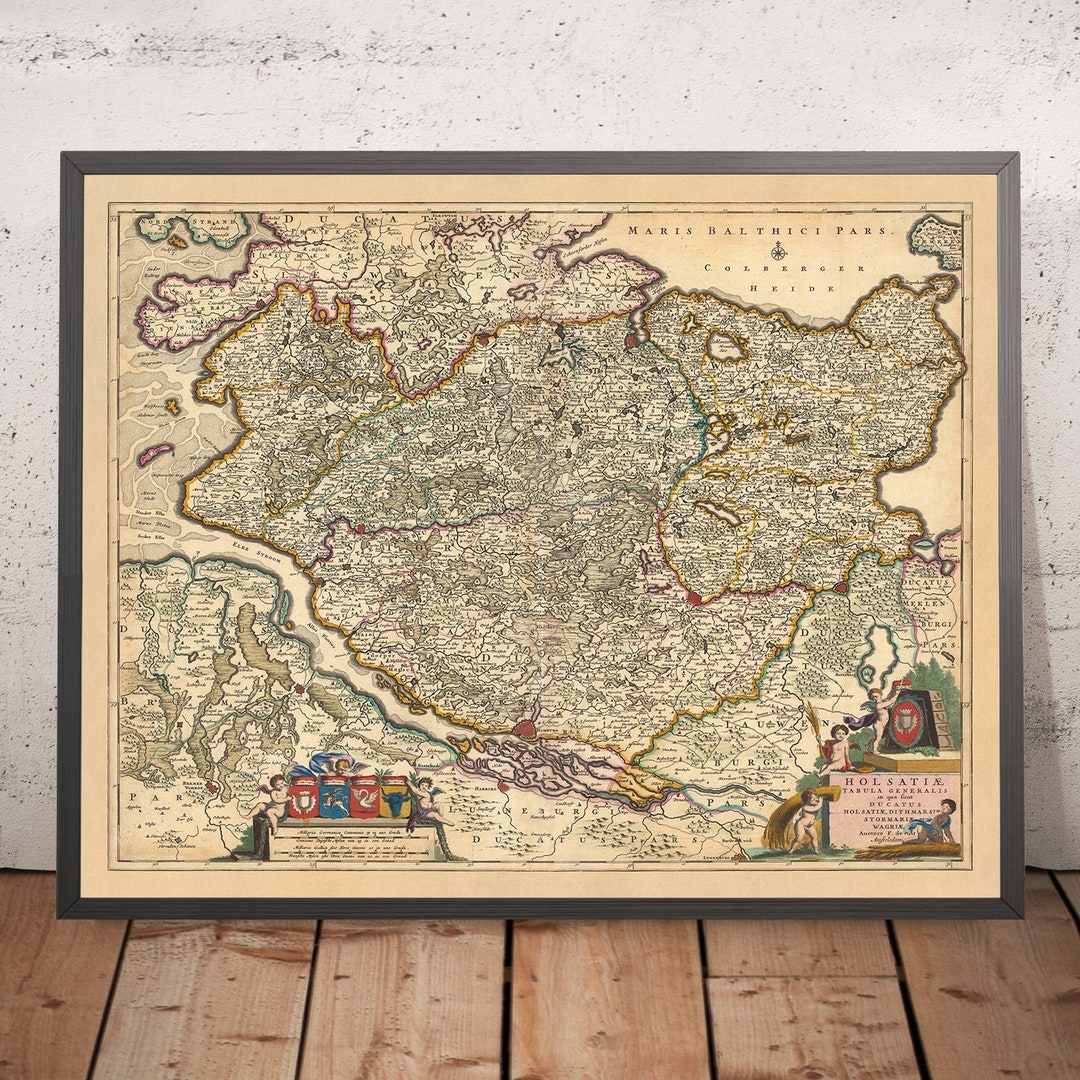 Old Map of Holstein by Visscher, 1690: Hamburg, Lübeck, Kiel, Rendsburg ...