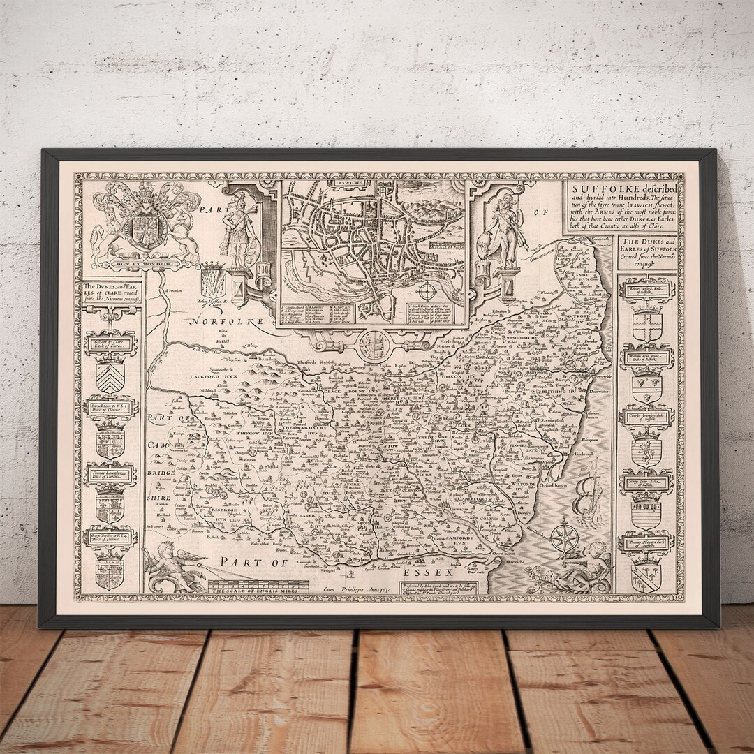 Old Map of Suffolk, 1611 by Speed - Ipswich, Lowestoft, Bury St Edmunds ...