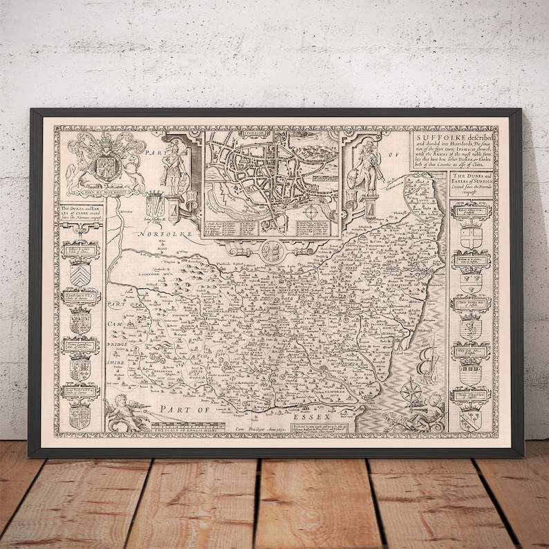 Old Map of Suffolk 1611 by Speed Ipswich Lowestoft Bury - Etsy UK