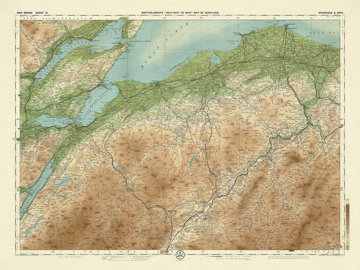 Old OS Map of Inverness & Spey, Scottish Highlands by Bartholomew, 1901 ...