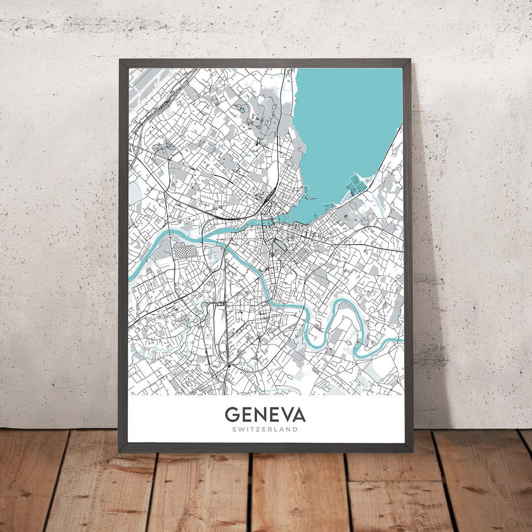 Modern City Map of Geneva, Switzerland: Jet D'eau, Palais Des Nations ...