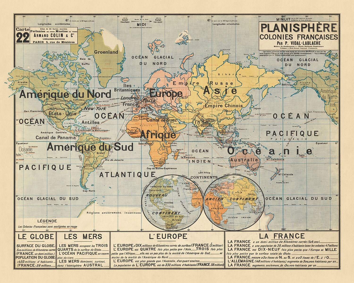 Old French Colonial World Map by Vidal Lablache, 1897: Educational Wall ...