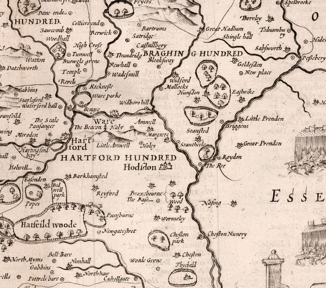 Old Map of Hertfordshire, 1611, John Speed - Stevenage, St Albans ...
