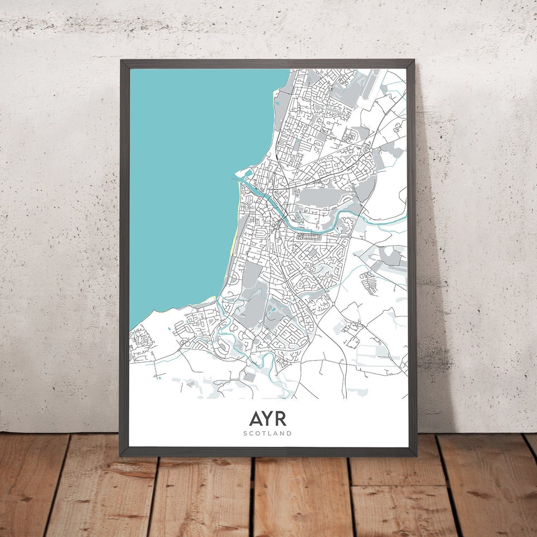 Modern Town Map of Ayr, Scotland: Town Centre, Ayr Beach, River Ayr ...