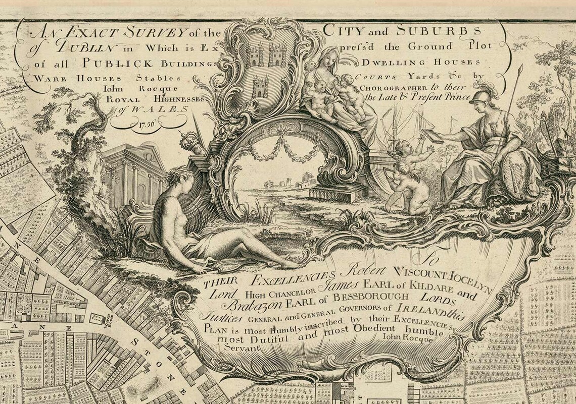 Old Map of Dublin, Ireland in 1756 by John Rocque - Large City Wall ...