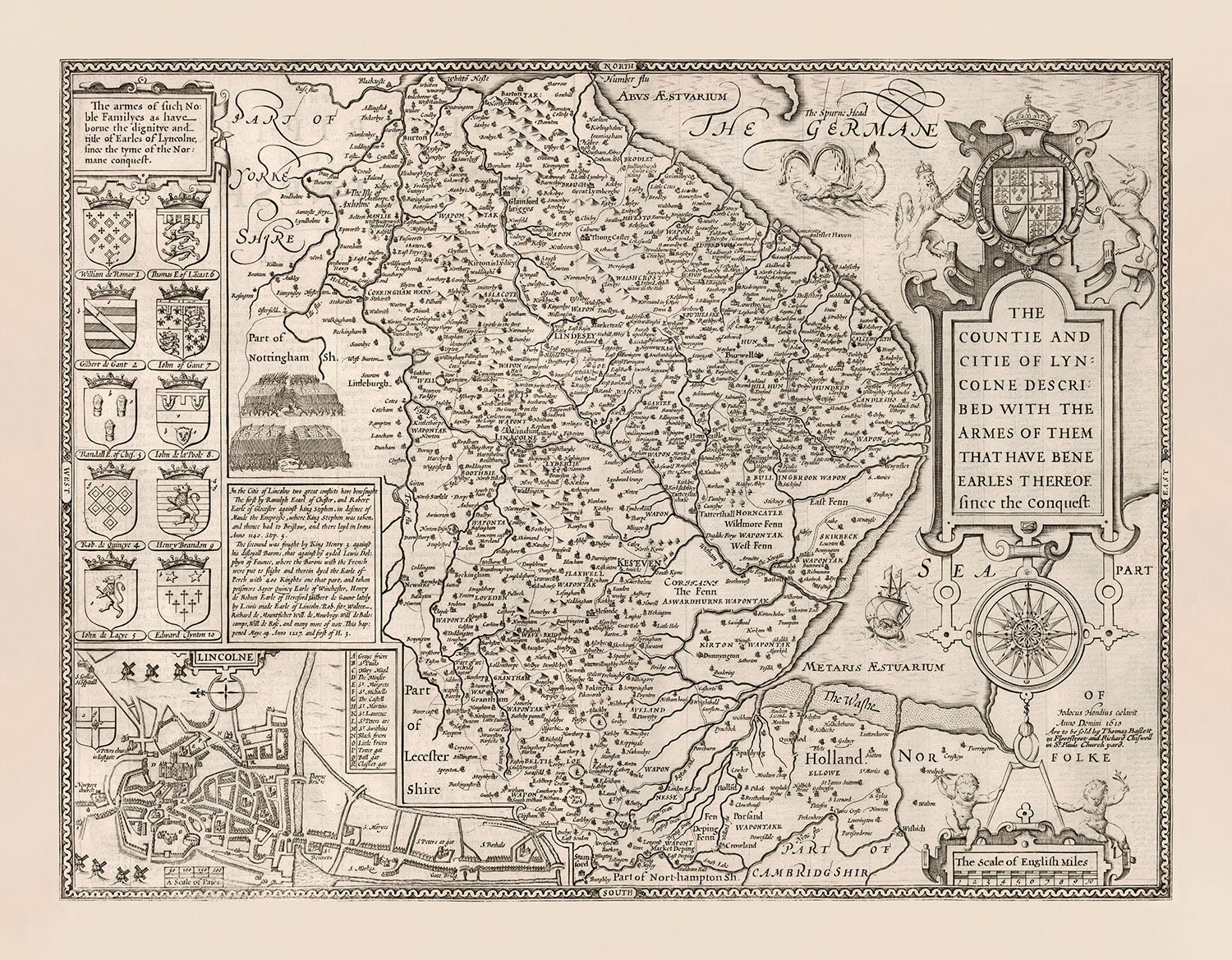 Old Map of Lincolnshire in 1611 by Speed - Lincoln, Grimsby, Grantham ...