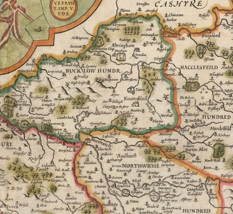 Old Map of Cheshire in 1611 - Chester, Warrington, Crewe, Runcorn ...