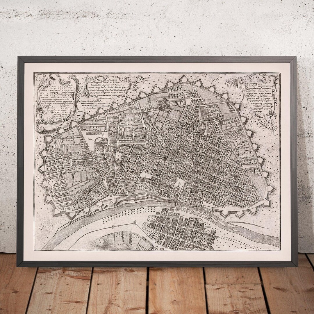 Old Birdseye Map of Lima by Ulloa, 1748: Fortifications, River, Bridges ...