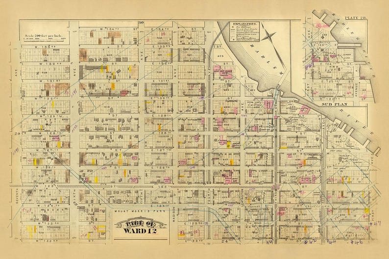 Old Map of Harlem, NYC by Bromley, 1879: Mount Morris Park, Harlem ...
