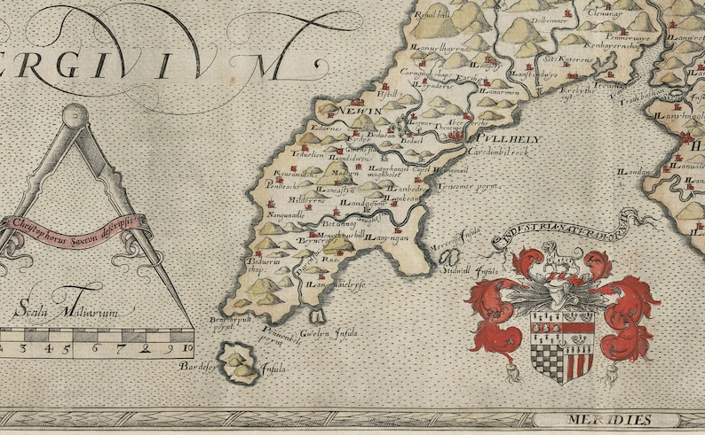 First Map of Anglesey & Gwynedd, 1577 - Old Map by Christopher Saxton ...