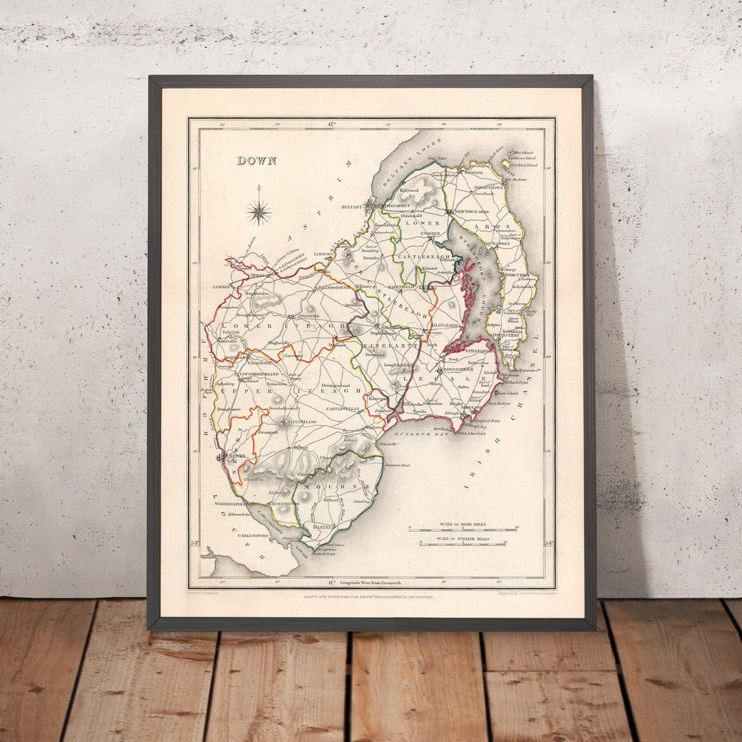 Old Map of County Down by Samuel Lewis, 1844: Belfast, Bangor ...