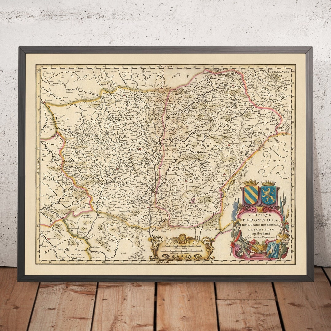 Old Map of Burgundy, France by Visscher, 1690: Dijon, Besançon, Chalon ...