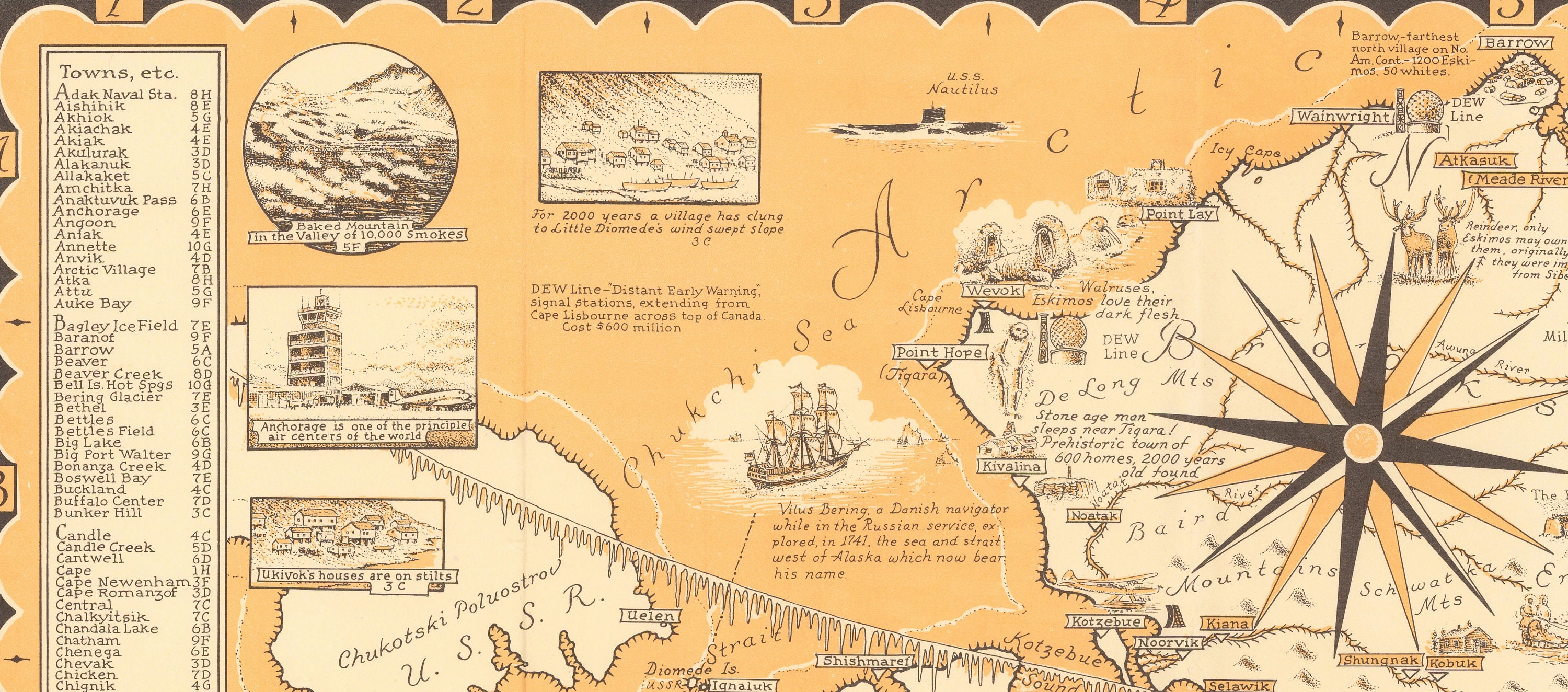 Old Pictorial Map of Alaska, USA by E. Chase, 1958 - Anchorage, Bears ...