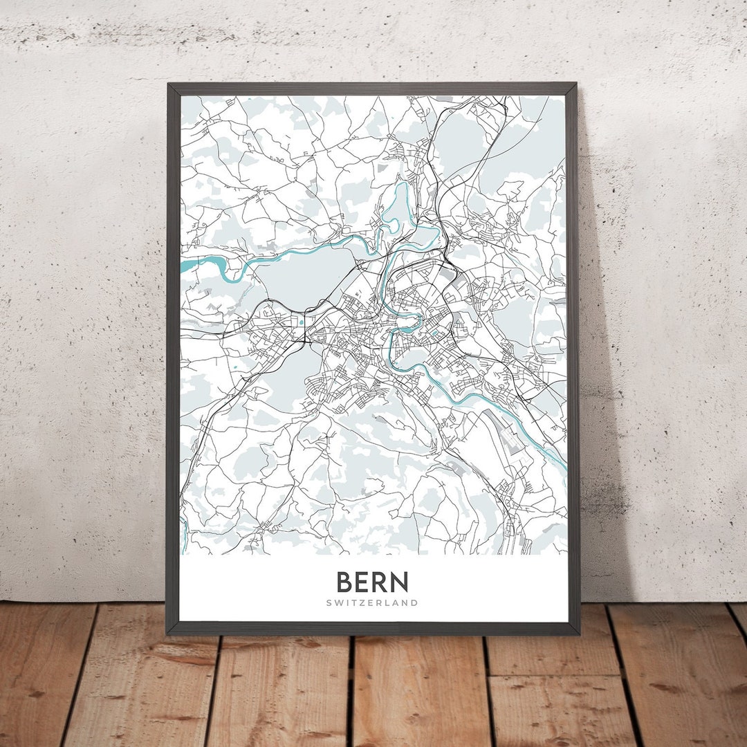 Modern City Map of Bern, Switzerland: Bundeshaus, Clock Tower, Aare ...