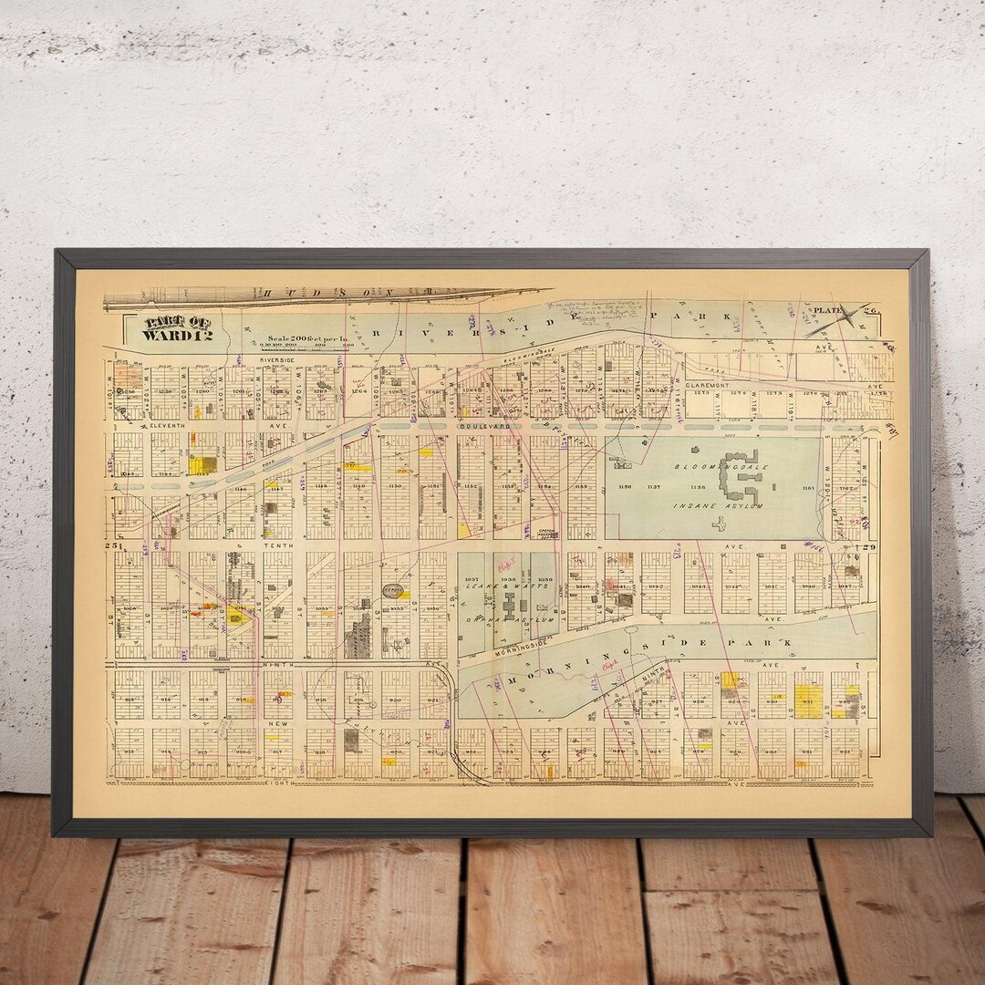Old Map of Harlem, NYC by Bromley, 1879: Morningside Heights, Riverside ...