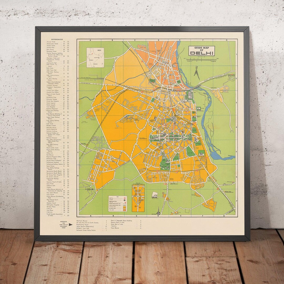 Old Map of Delhi, 1961: Red Fort, Qutab Minar, India Gate, Parliament ...