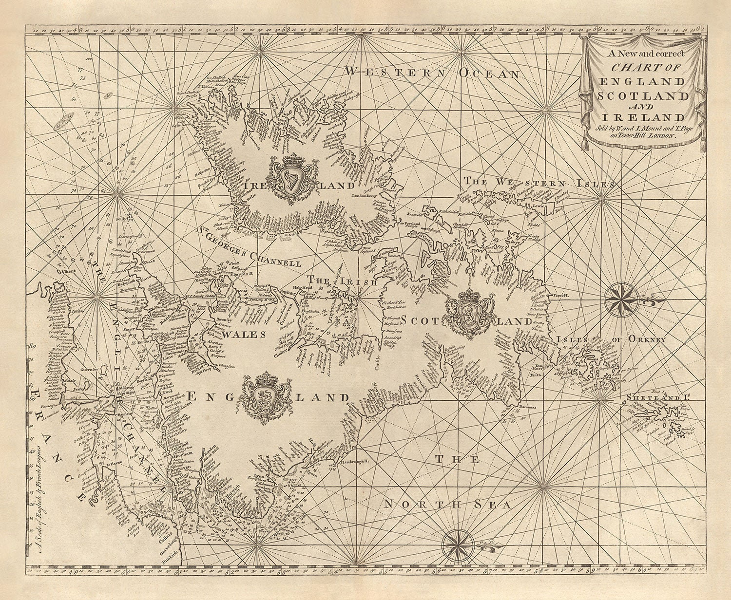 Old British Isles Navigation Chart, 1752 by Page & Mount - Ports ...