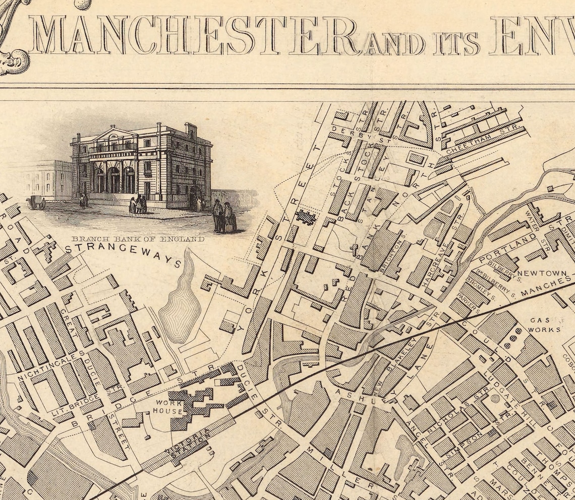 Old Map of Manchester and Environs by John Rapkin 1851 Town - Etsy UK