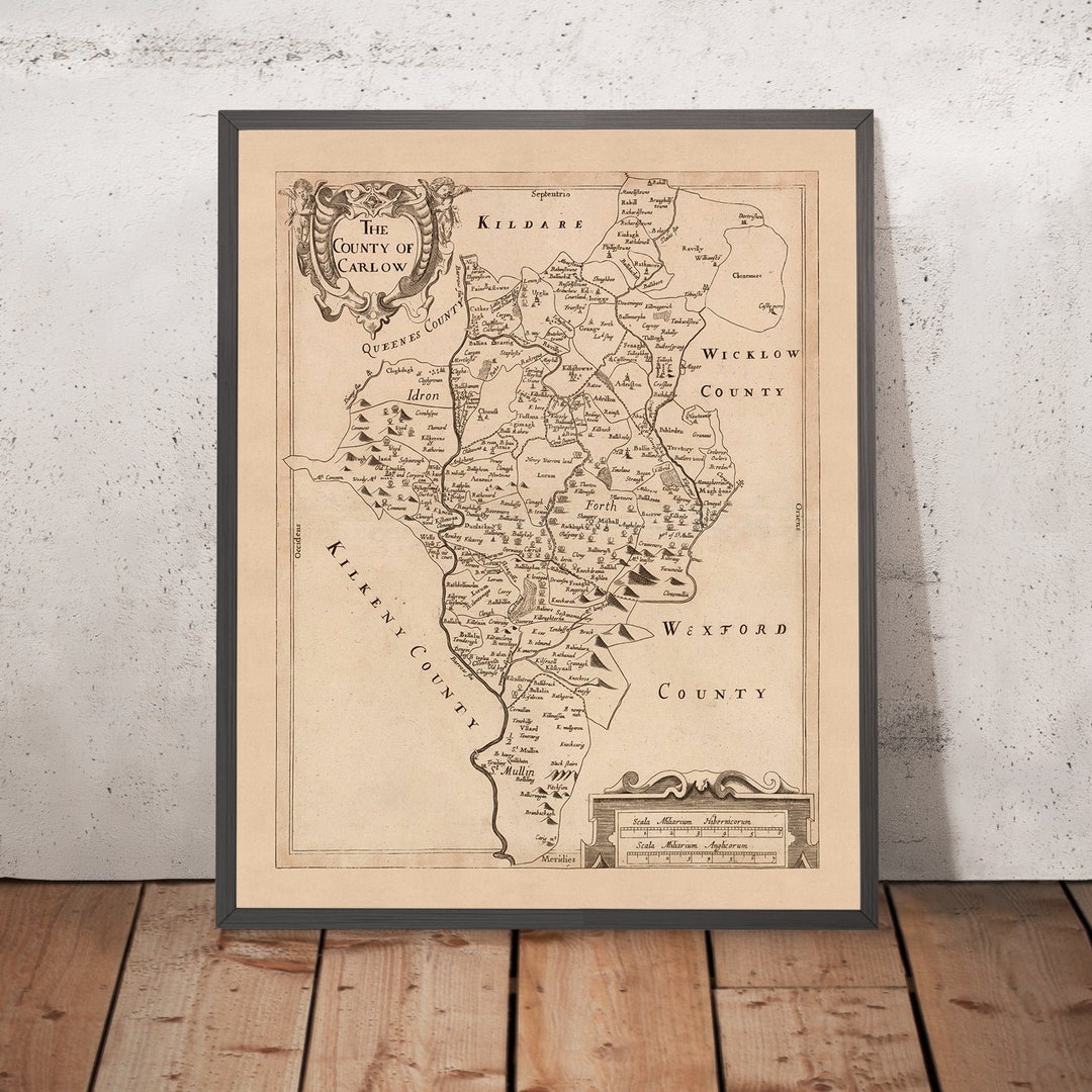 Old Map of County Carlow by Petty, 1685: Carlow, Tullow, Leighlinbridge ...
