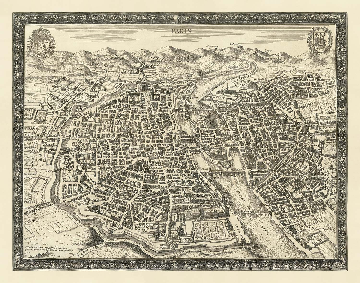 Alte Karte von Paris, Frankreich von Jean Sauve - Notre-Dame, Sainte ...