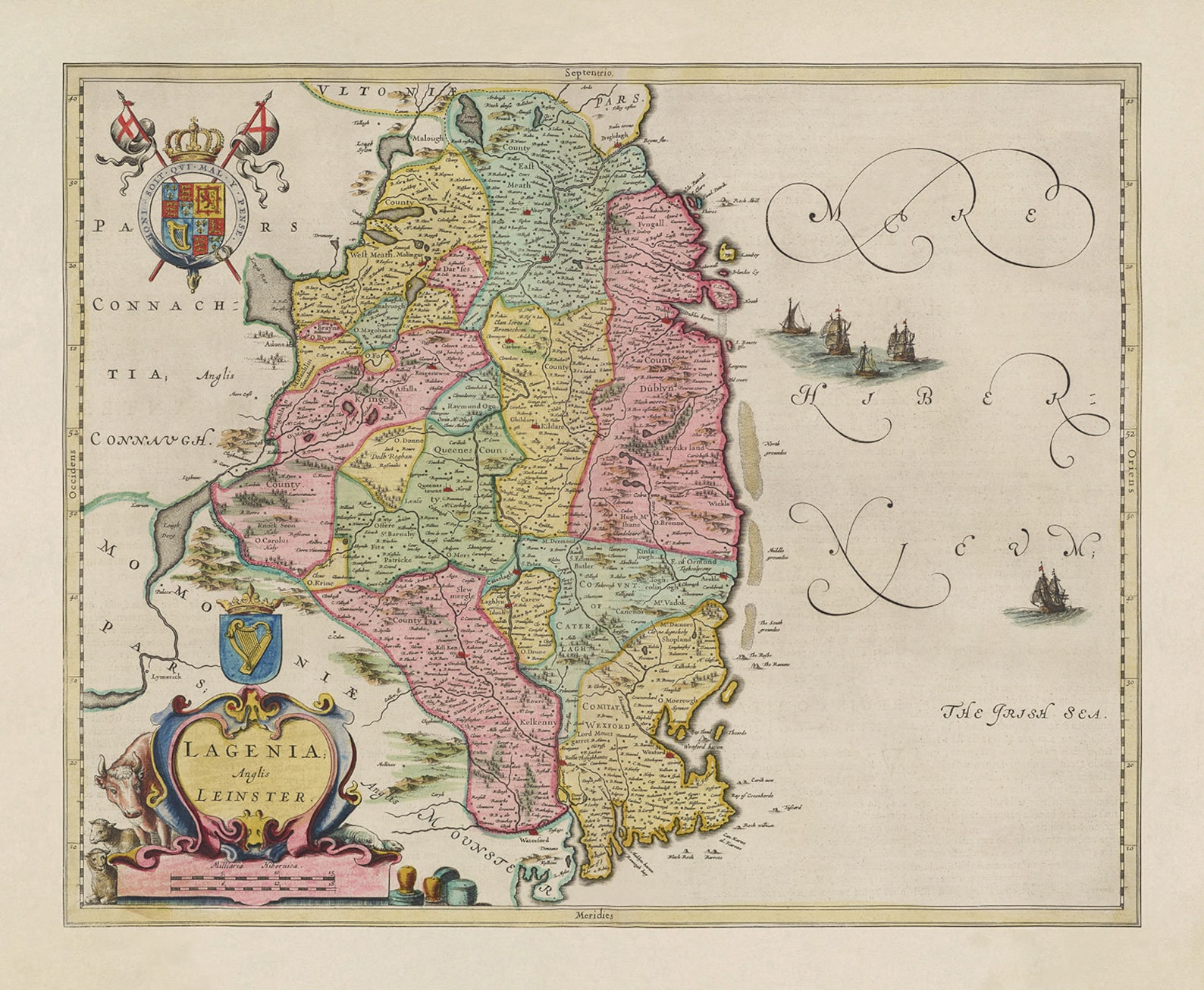 Old Map of Leinster, Ireland in 1665 by Blaeu - County Dublin, Kilkenny ...