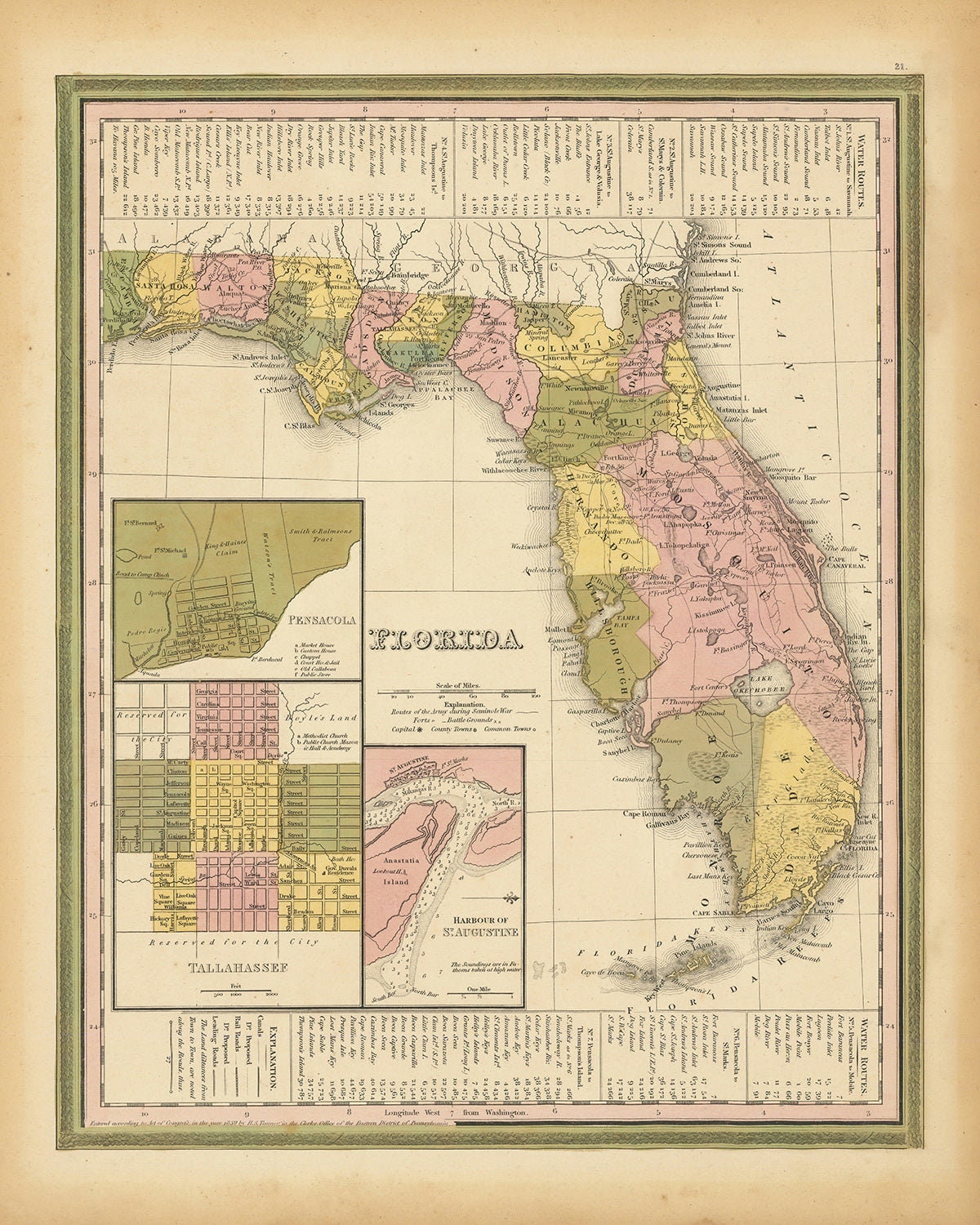 Old Map of Florida by H.S. Tanner, 1839: Miami, Tampa, Orlando, St ...