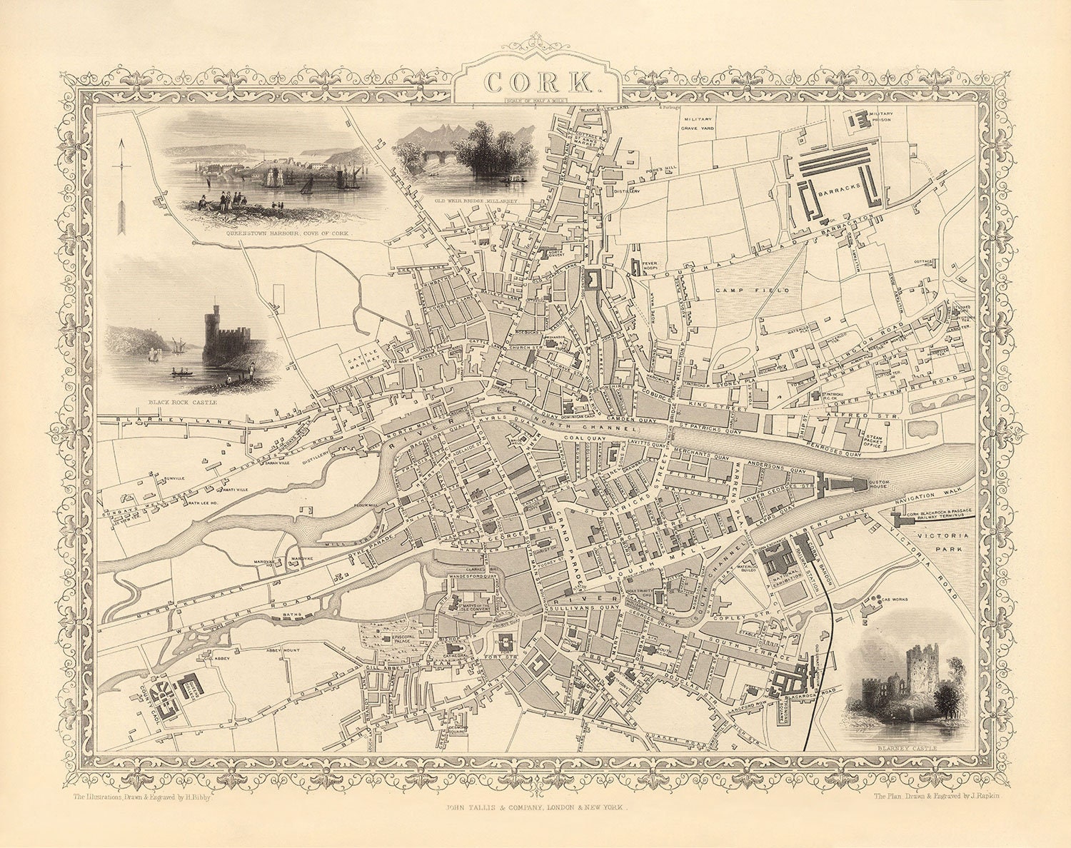 Old Map of Cork, Ireland, 1851 by Tallis & Rapkin - Victorian Quarter ...