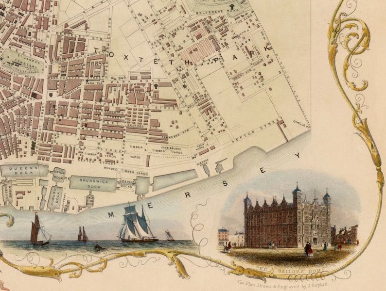 Old Map of Liverpool by Tallis & Rapkin, 1851 - Docks, Mersey, City ...