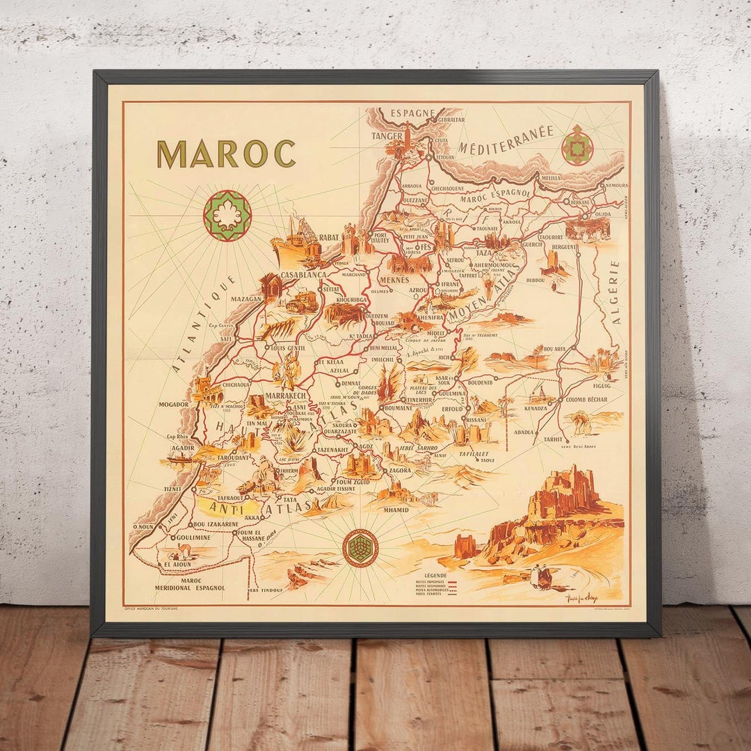 Old Map of Morocco by Theophile-jean Delaye in 1950 - Casablanca, Rabat ...