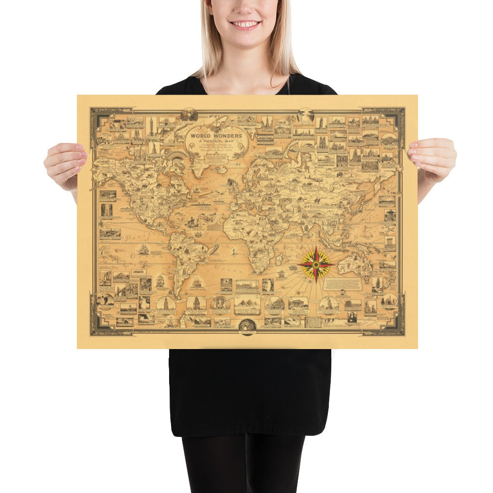 Old Seven Wonders of the World Atlas Map, 1939 - Ancient and Modern ...