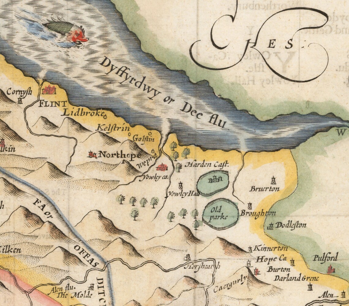 Old Map of Flintshire Wales, 1611 by John Speed - Flint, Mold, Chester ...