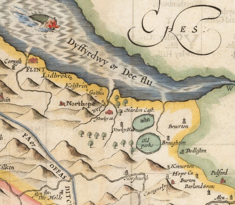 Old Map of Flintshire Wales, 1611 by John Speed - Flint, Mold, Chester ...