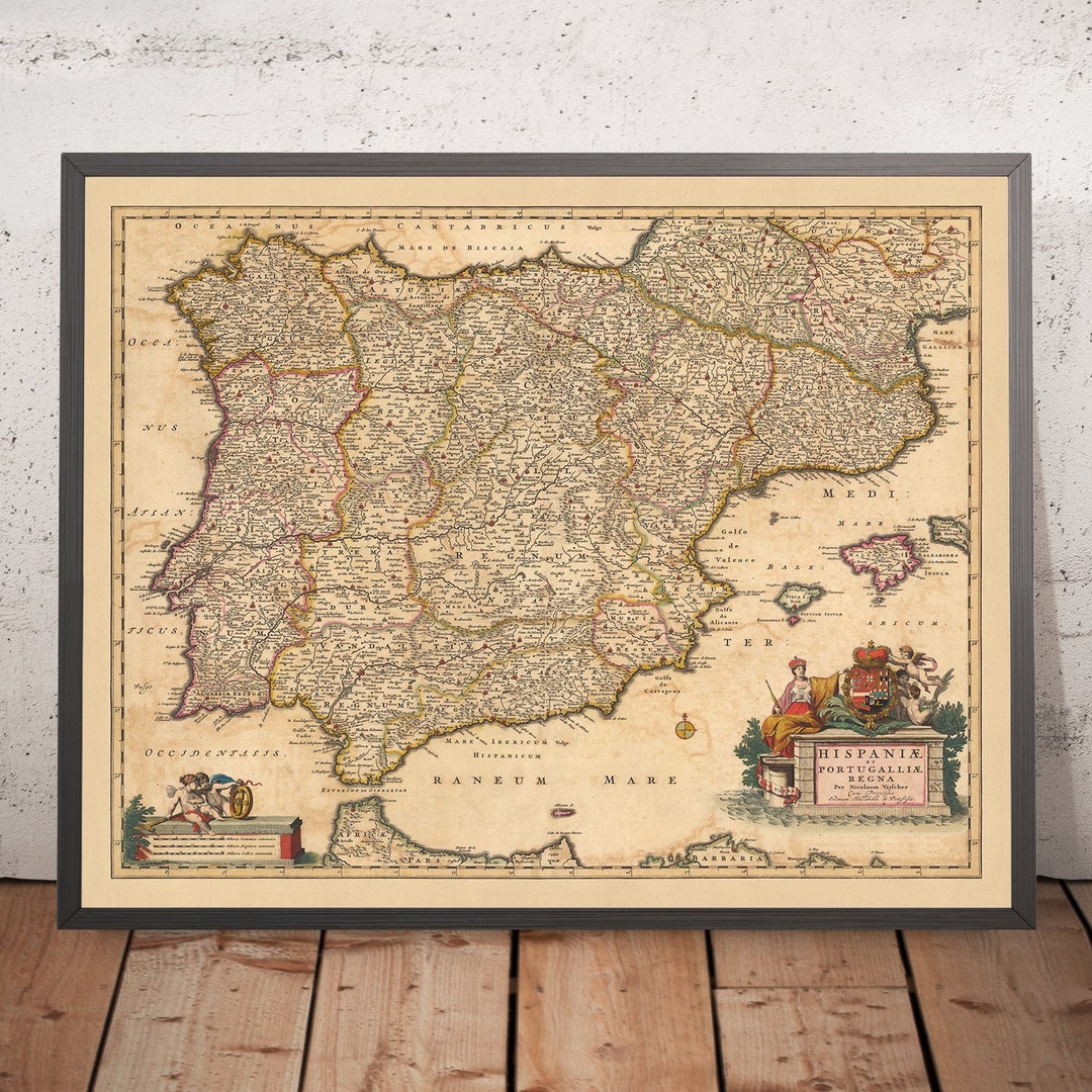 Old Map of the Kingdoms of Spain & Portugal by Visscher, 1690: Madrid ...