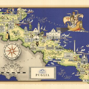 Old Pictorial Map of Apulia by De Agostini, 1938: Bari, Brindisi ...
