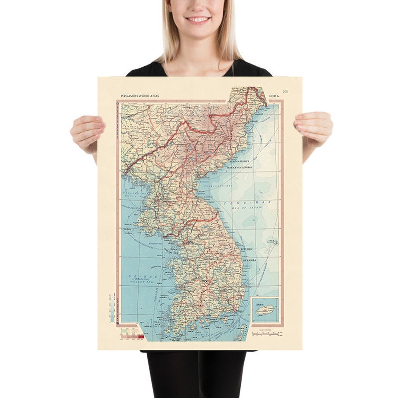 Old Map of North & South Korea, 1967: Seoul, Busan, Jeju Island, Korean ...