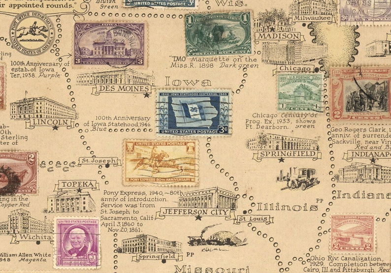 Old Stamp Map of the USA, E. Chase, 1949 - Historical United States ...