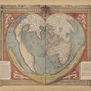 Old Heart-shaped World Map by Fine, 1534: Cordiform Projection, Terra ...