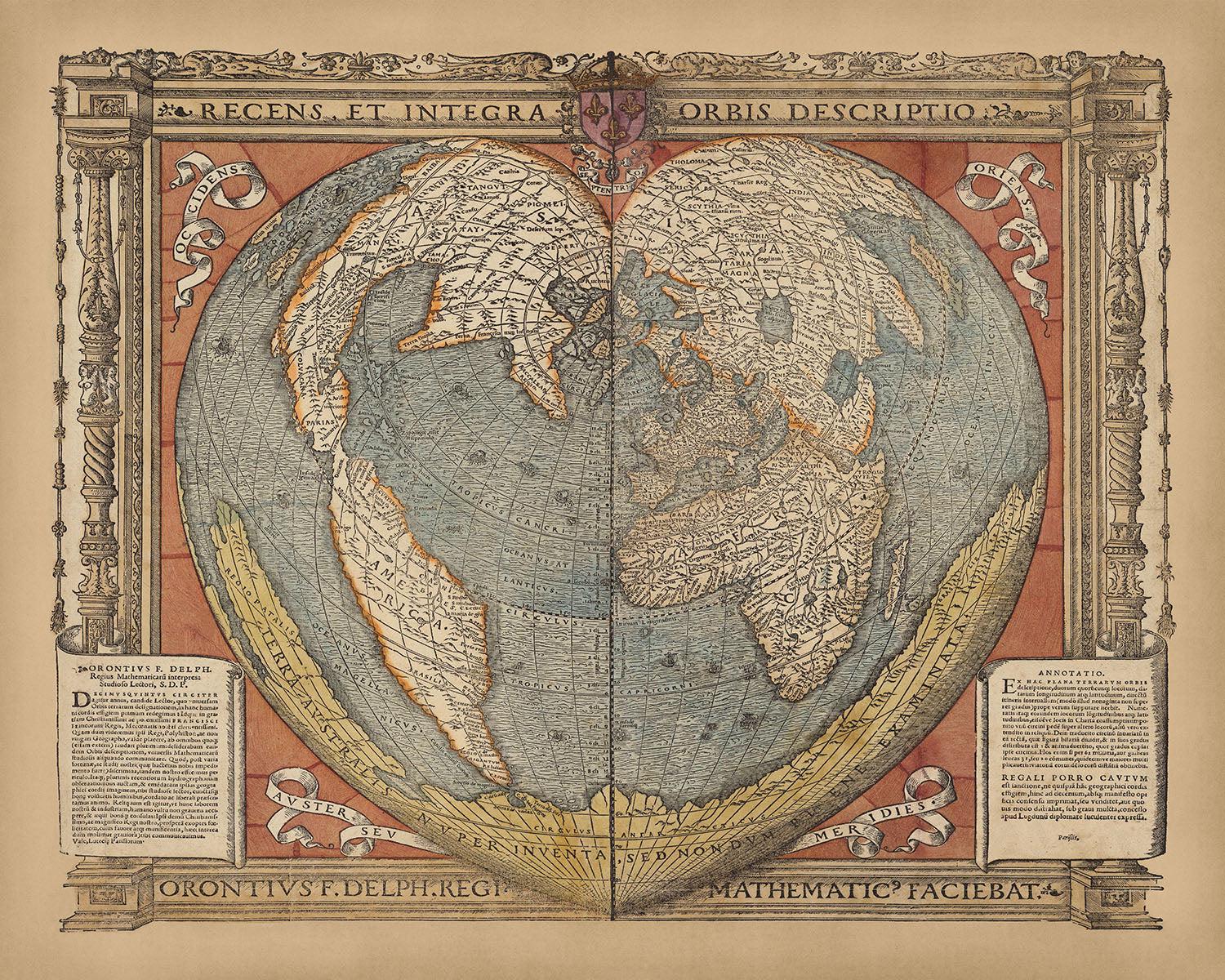 Old Heart-shaped World Map by Fine, 1534: Cordiform Projection, Terra ...