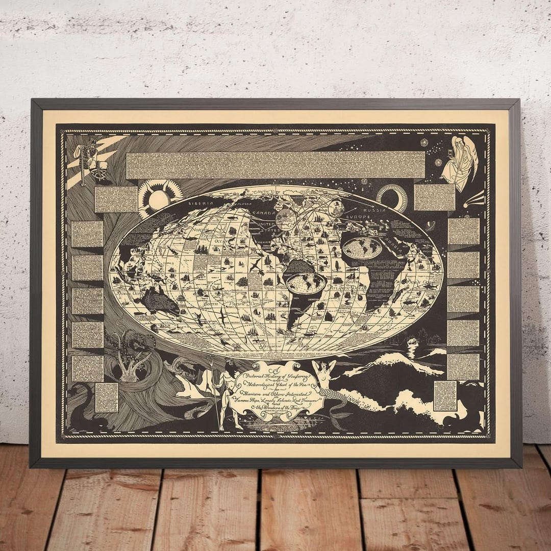 Old Historical Seafaring World Map by Turpin, 1935: Famous Ships, Sea ...