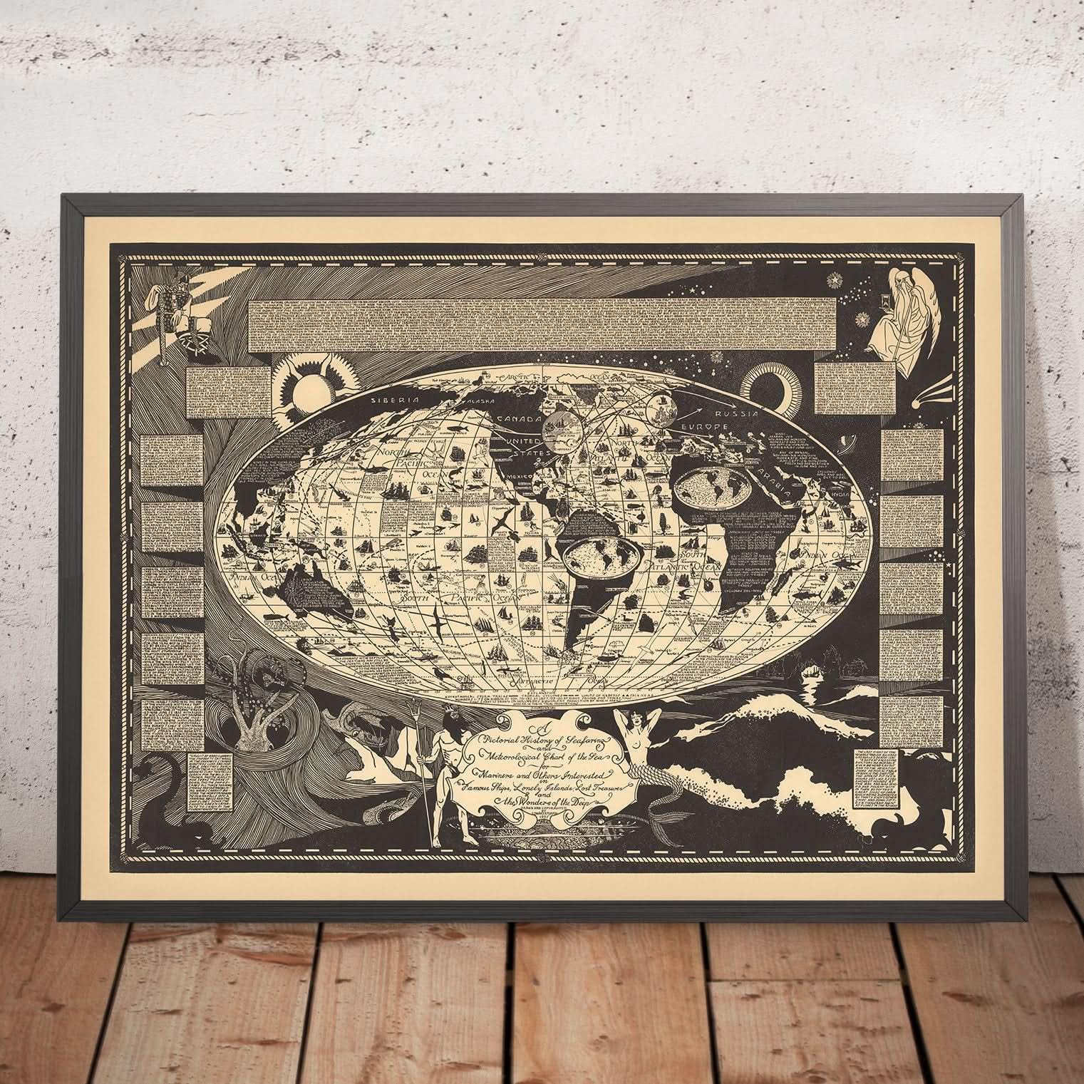 Old Historical Seafaring World Map by Turpin, 1935: Famous Ships, Sea ...