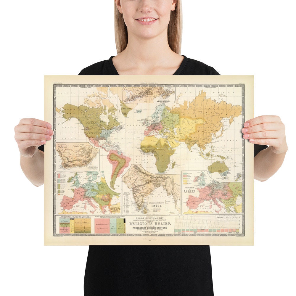 Old Religion World Map 1854 Religious Beliefs 19th Century - Etsy