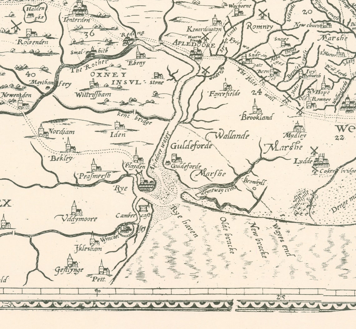 Rare Old Map of Kent in 1596 - Canterbury, Maidstone, Bromley ...