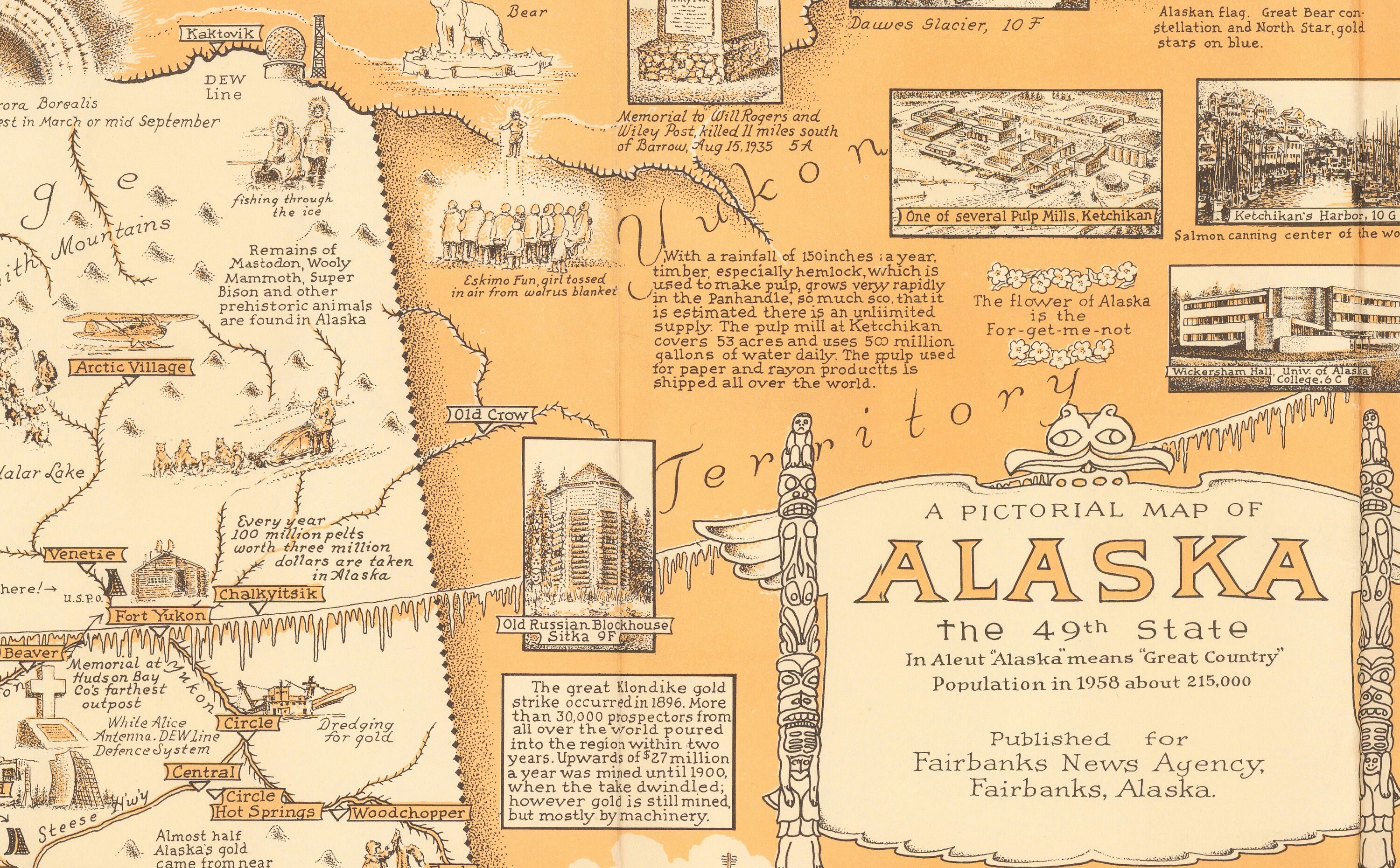 Old Pictorial Map of Alaska, USA by E. Chase, 1958 - Anchorage, Bears ...