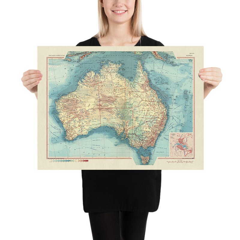 Old Map of Australia, 1967: Political & Physical Atlas Chart of States ...