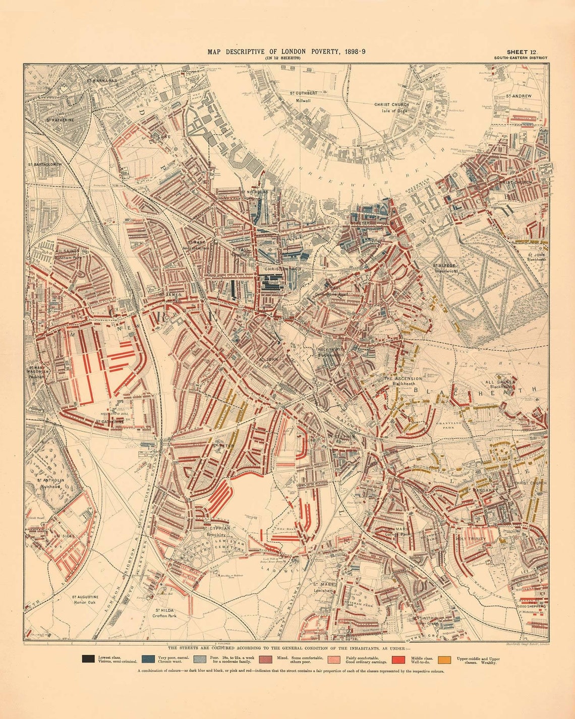 Old Map of London Poverty 1898-9, South Eastern District - New Cross ...