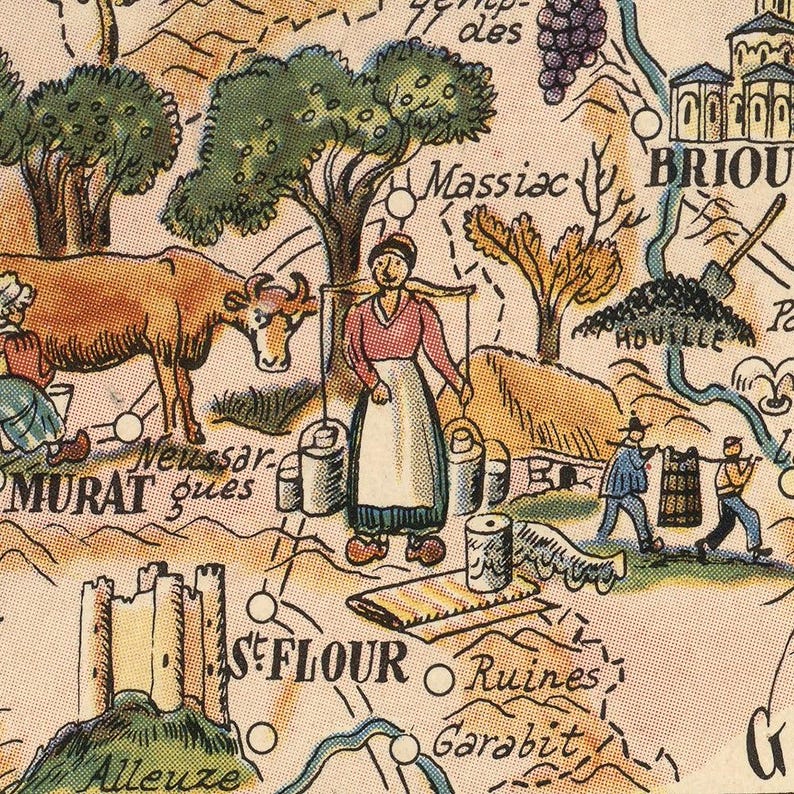 Old Pictorial Map of Auvergne by Liozu, 1951: Clermont-ferrand, Puy De ...