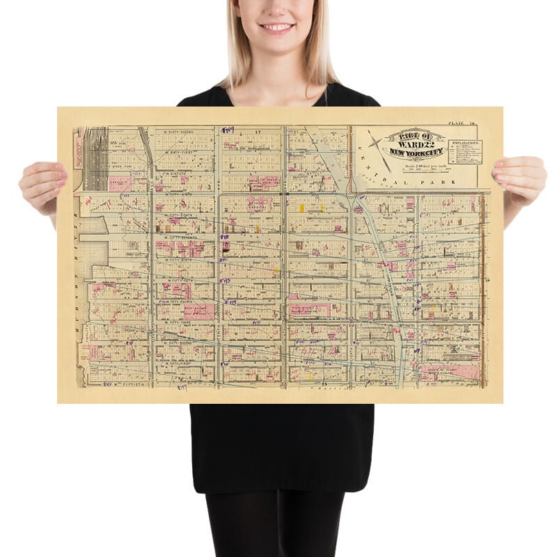 Old Map of Clinton, Ward 22, NYC, 1879: Hells Kitchen, Columbus Circle ...
