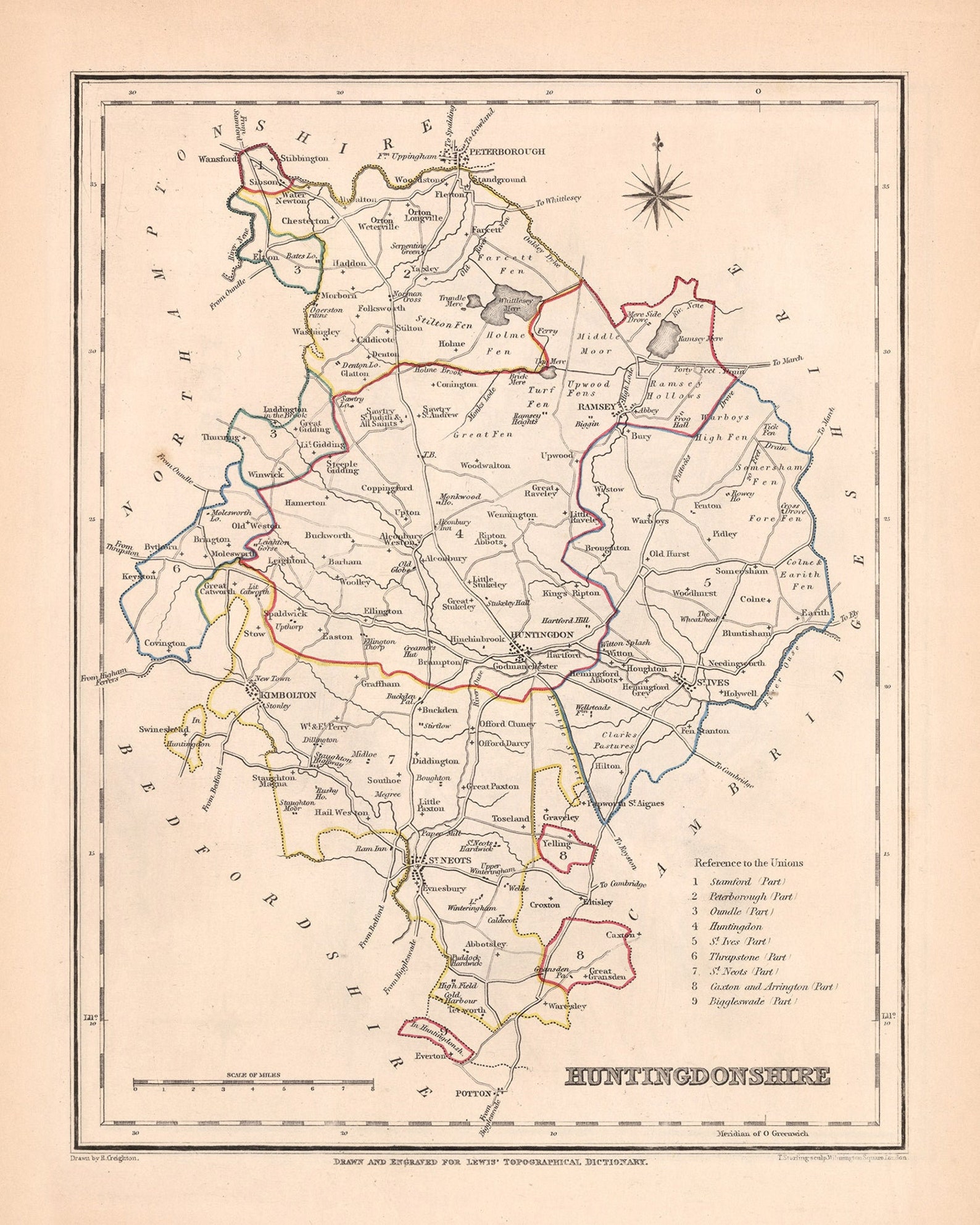 Old Map of Huntingdonshire by Samuel Lewis, 1844: St. Ives, St. Neots ...