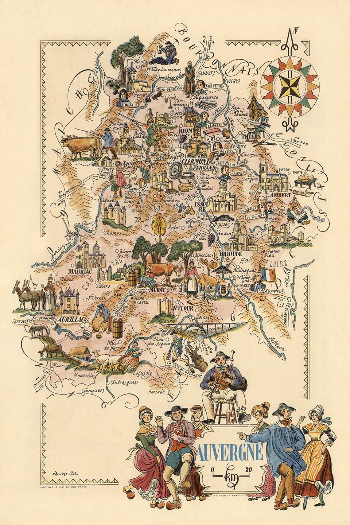 Old Pictorial Map of Auvergne by Liozu, 1951: Clermont-ferrand, Puy De ...