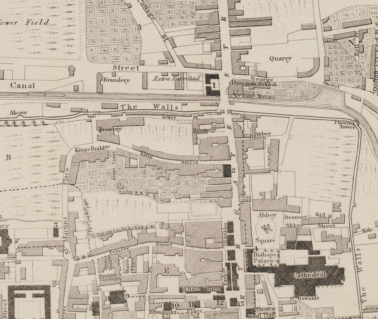 Old Map of Chester, 1833 by John Wood - Cathedral, Castle, Race Course ...